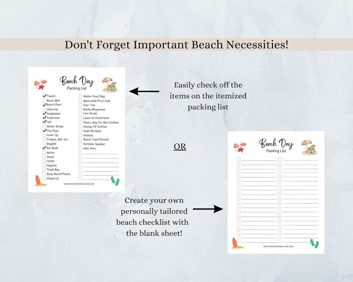 Beach Day Vacation Packing List Checklist Planner - Printable & Digital ...