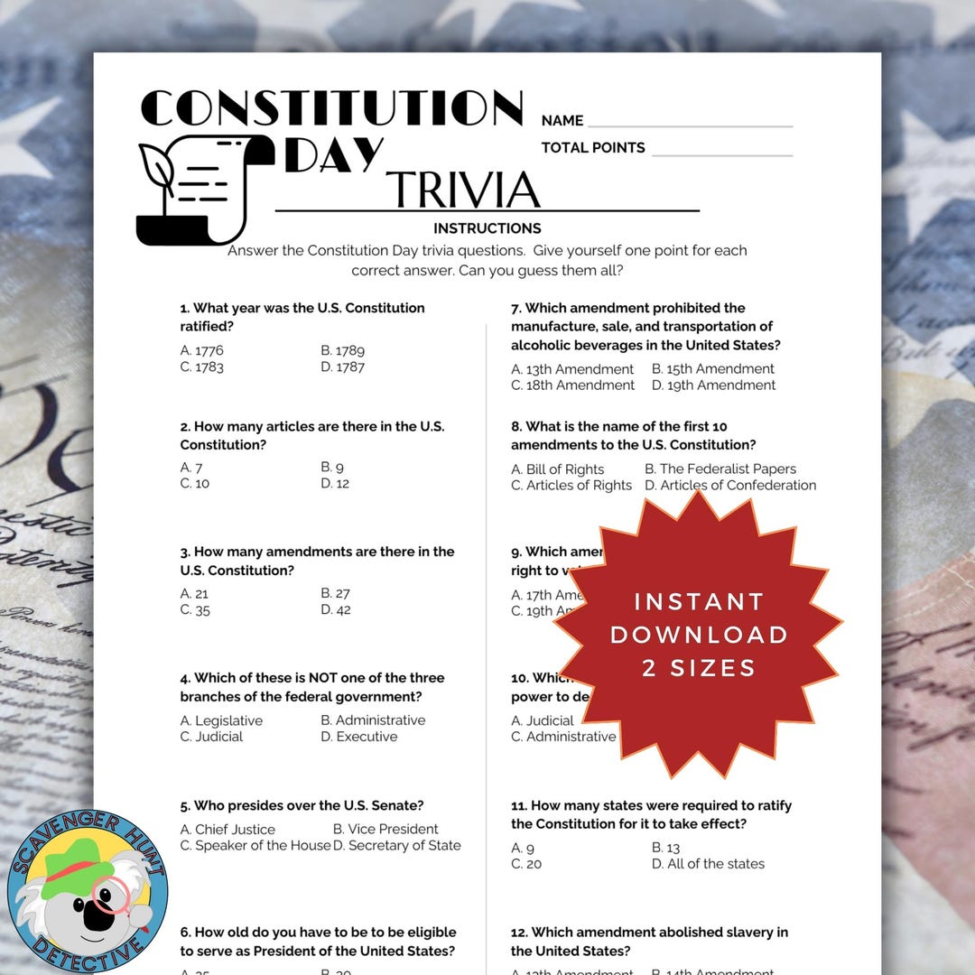 Constitution Day Trivia Game Printable Classroom Activity, Homeschool ...