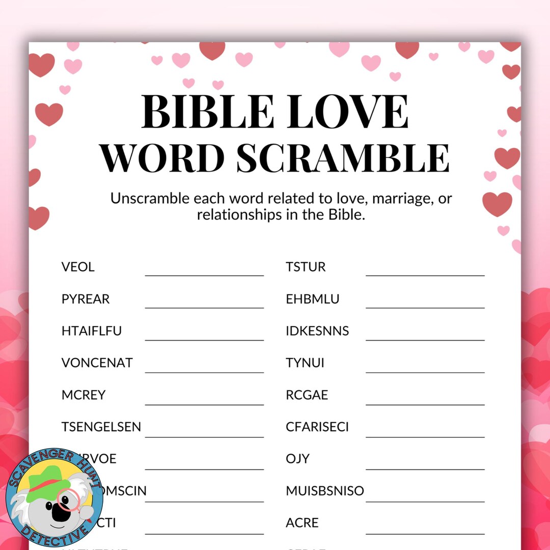 Bible Love Word Scramble Game, Church Christian Valentine's Party Love ...