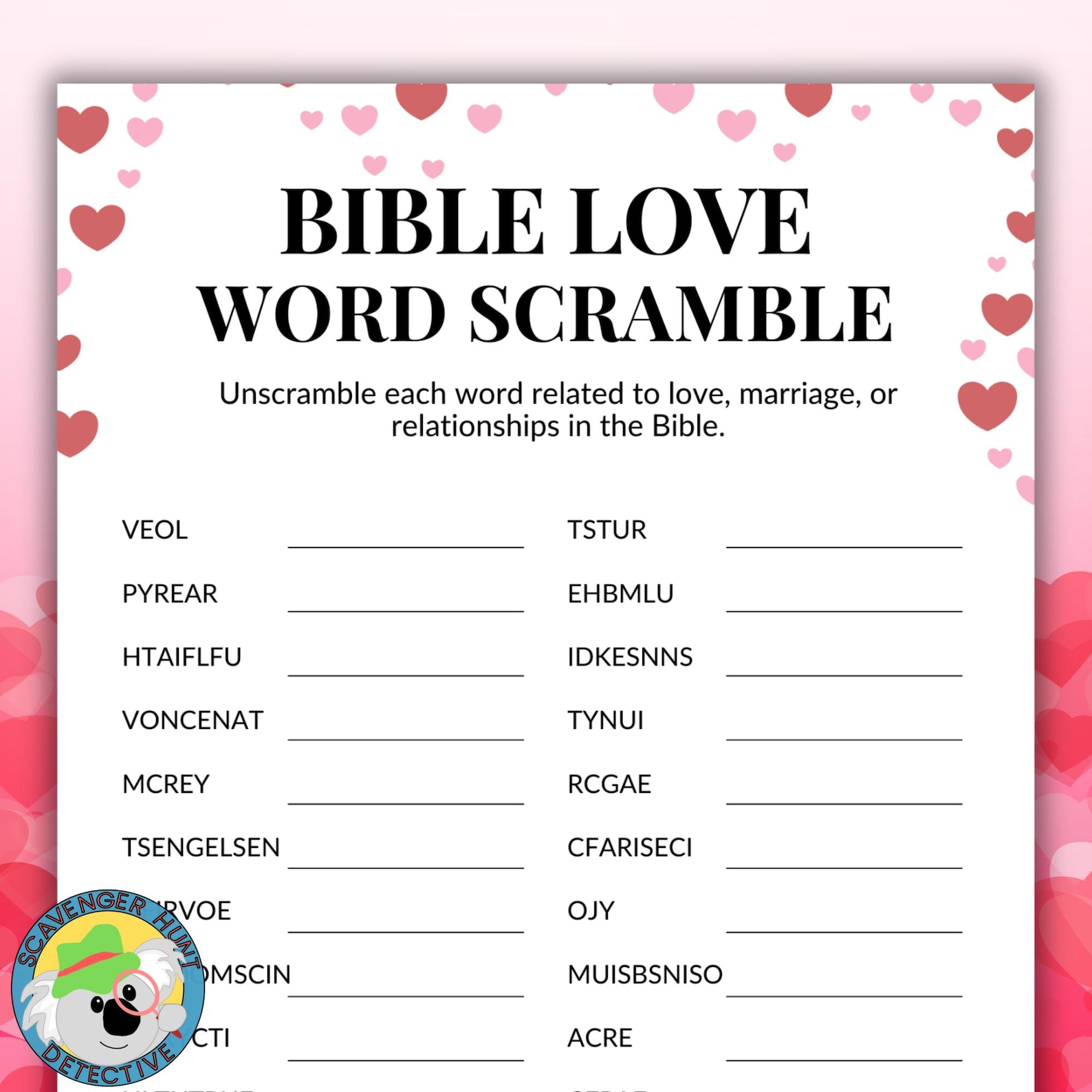 Bible Love Word Scramble Game, Church Christian Valentine's Party Love ...