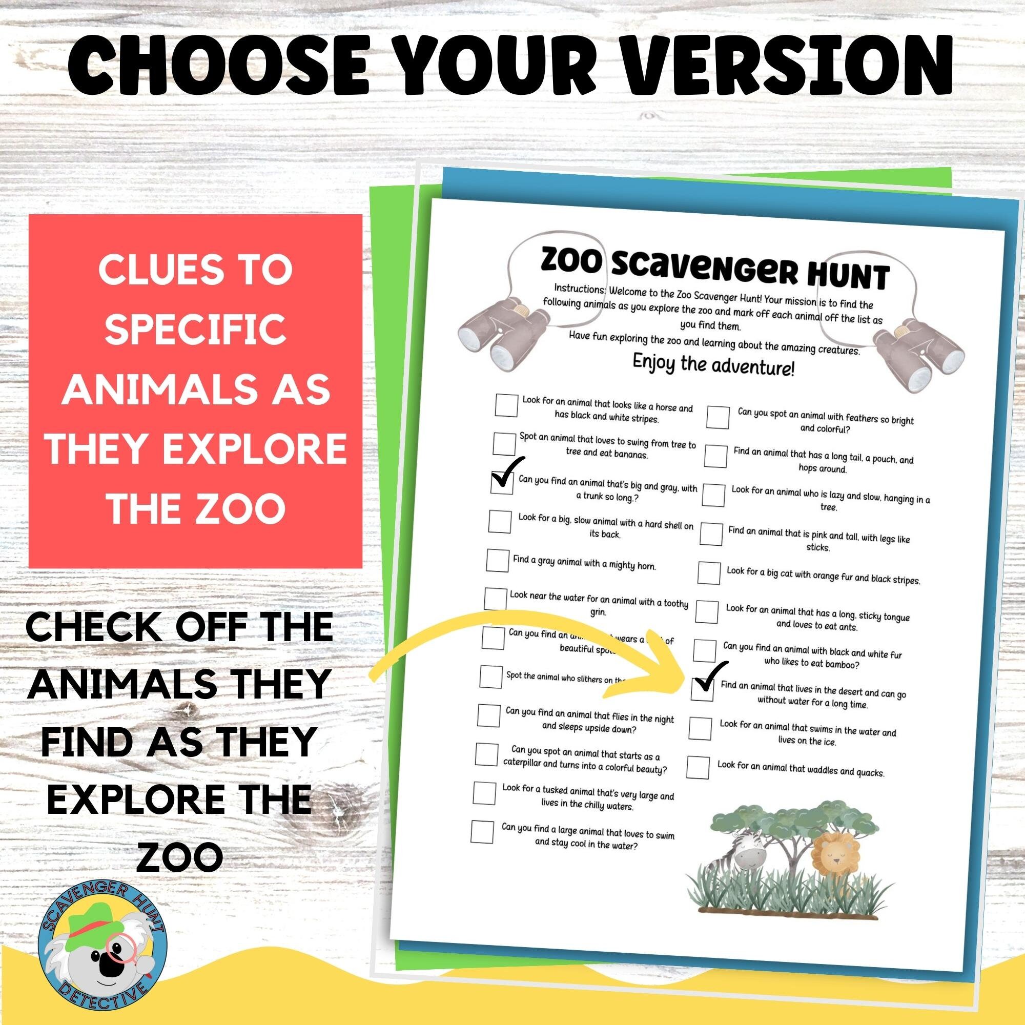 Zoo Scavenger Hunt for Kids Printable, Zoo Field Trip Treasure Hunt ...