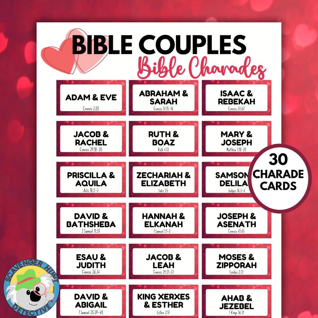 Bible Couples Charades Game, Printable Valentine's Party Game Church ...