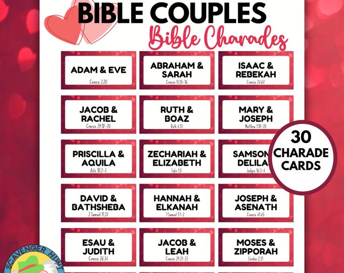 Bible Couples Charades Game, Printable Valentine's Party Game Church ...