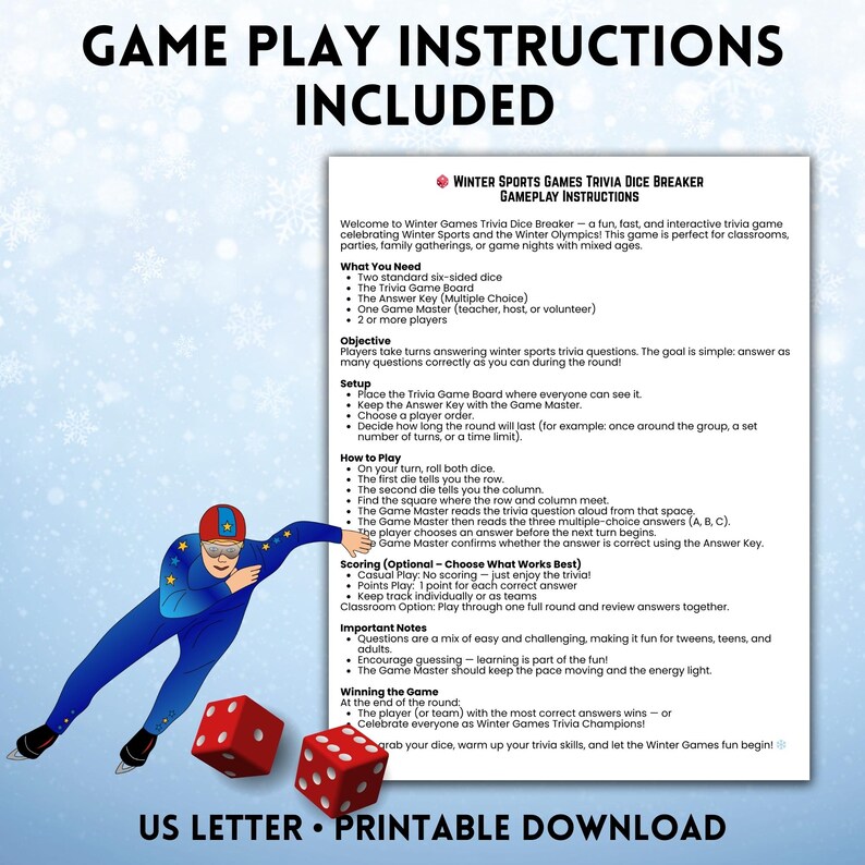 Winter Sports Trivia Dice Game, Printable Classroom Winter Sports Game ...