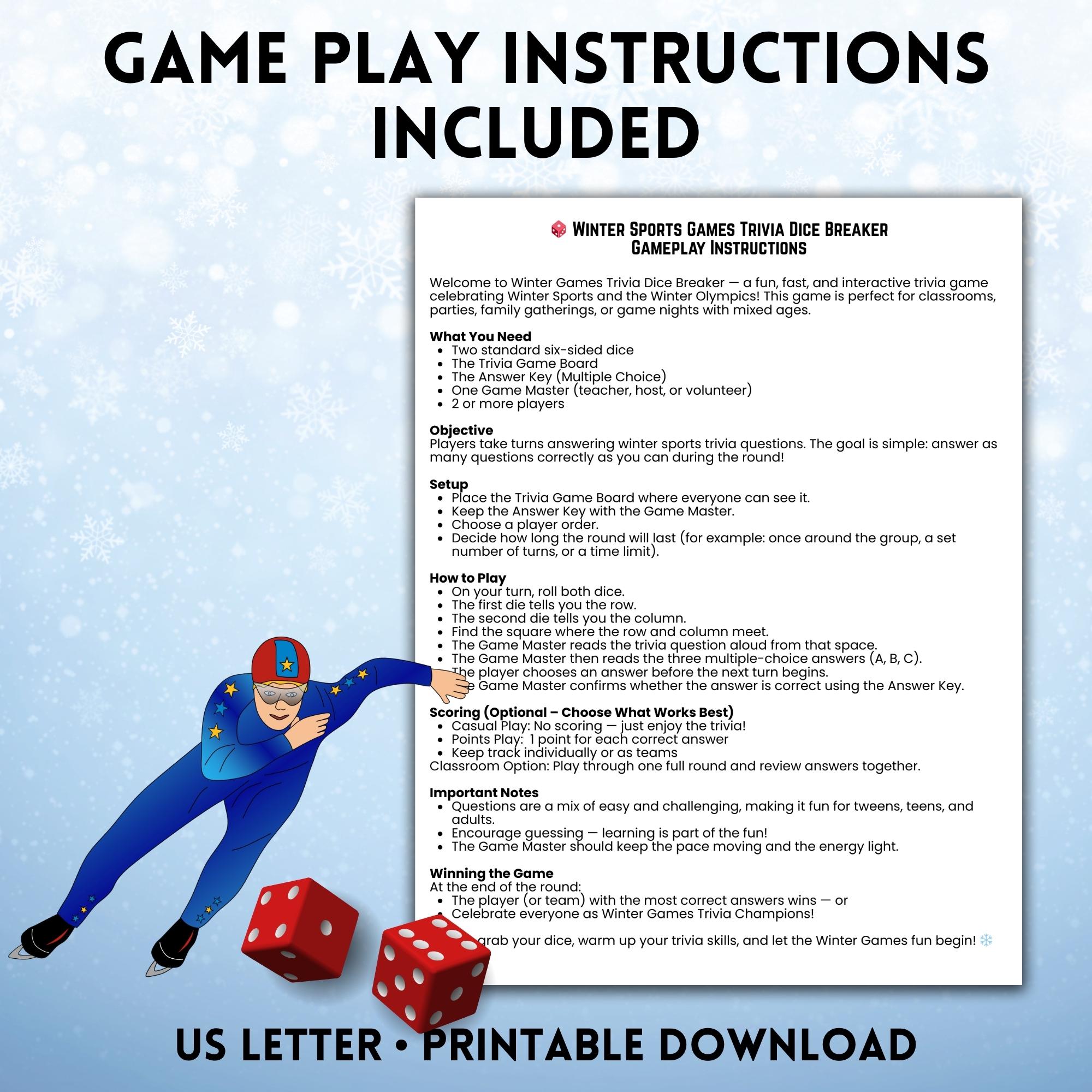 Winter Sports Trivia Dice Game, Printable Classroom Winter Sports Game ...