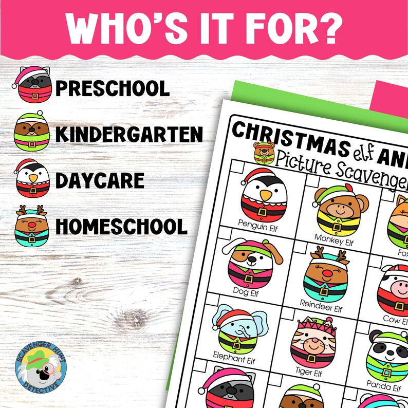 Christmas Elf Animals Scavenger Hunt for Preschoolers With Picture ...