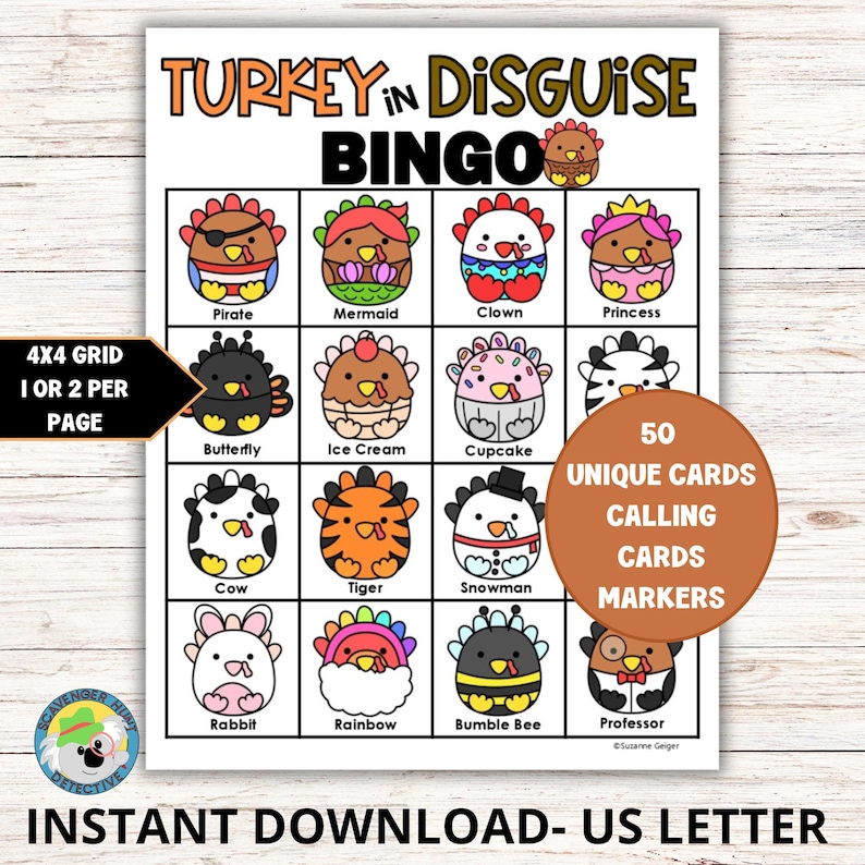 Thanksgiving Turkey in Disguise Bingo Game Printable 50 Cards ...