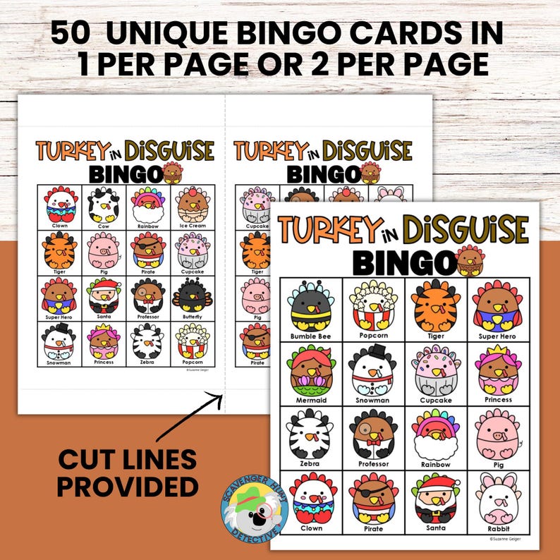 Thanksgiving Turkey in Disguise Bingo Game Printable 50 Cards ...