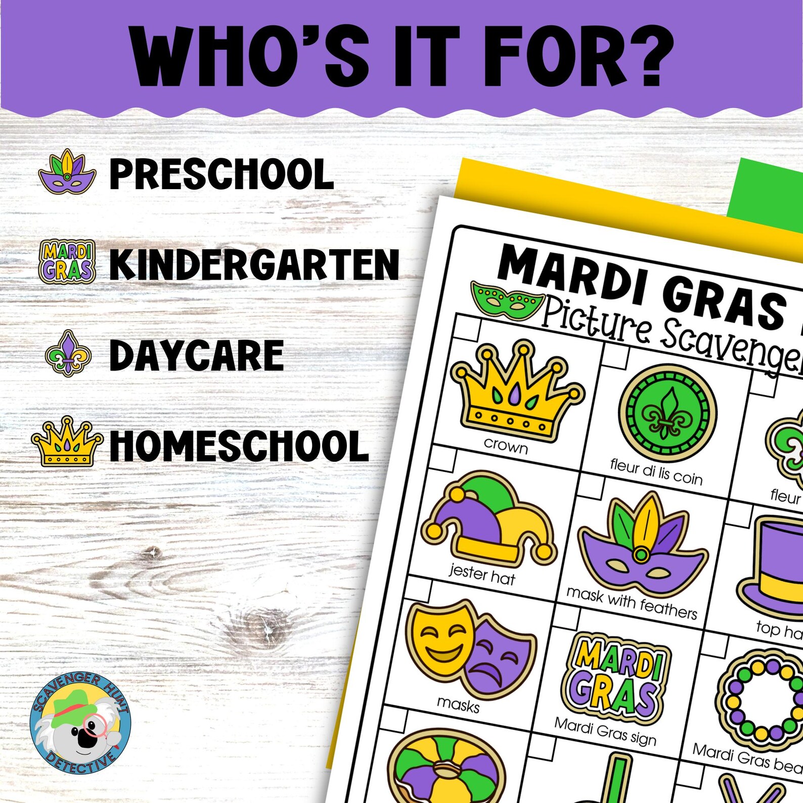 Mardi Gras Scavenger Hunt for Toddlers With Picture Clues, Picture ...