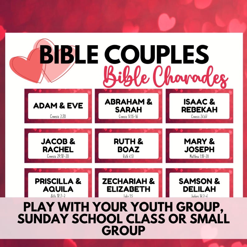 Bible Couples Charades Game, Printable Valentine's Party Game Church ...