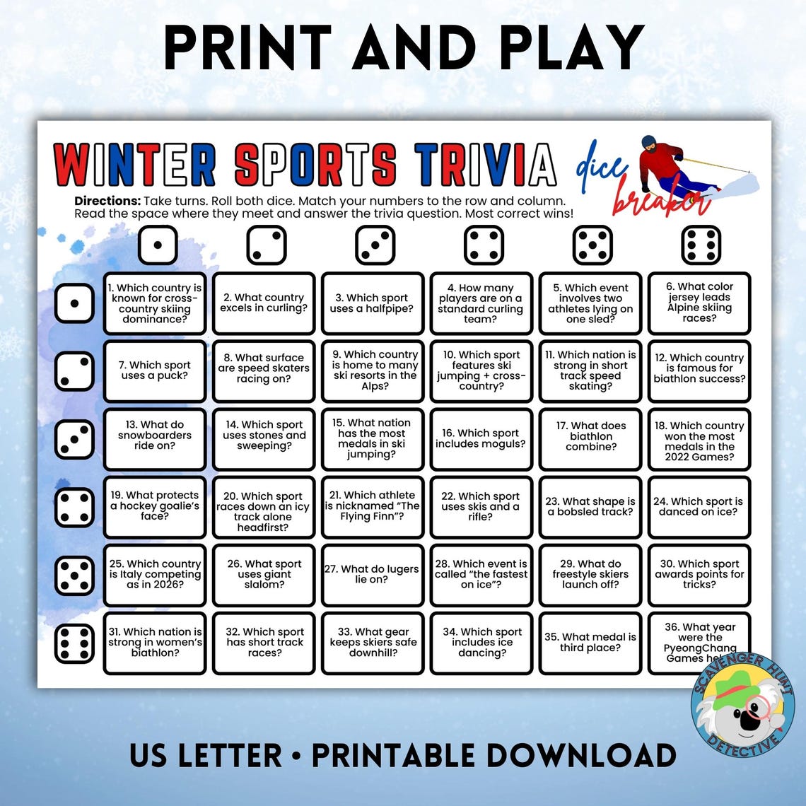 Winter Sports Trivia Dice Game, Printable Classroom Winter Sports Game ...