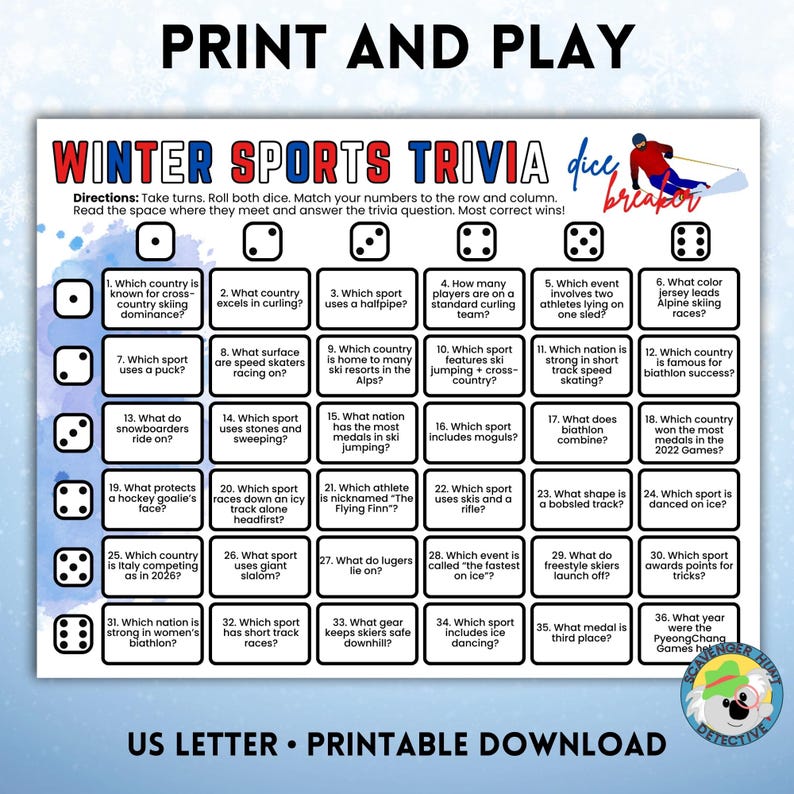 Winter Sports Trivia Dice Game, Printable Classroom Winter Sports Game ...