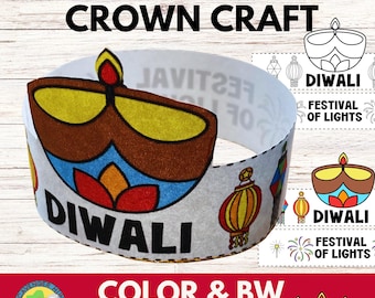Diwali Paper Crown Craft Activity, Coloring Printable Diwali Diya Lamp ...