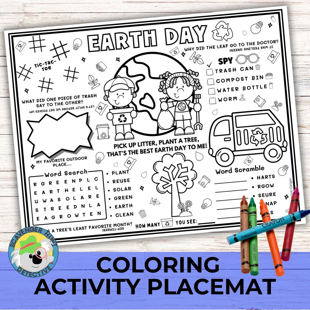 Earth Day Activity Coloring Placemat Printable Coloring Party Game ...