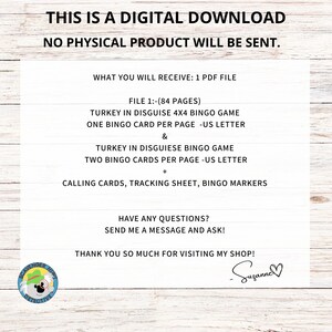 Thanksgiving Turkey in Disguise Bingo Game Printable 50 Cards ...