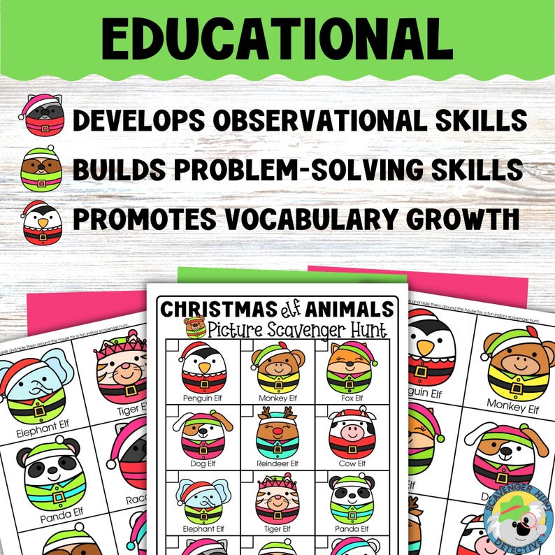 Christmas Elf Animals Scavenger Hunt for Preschoolers With Picture ...