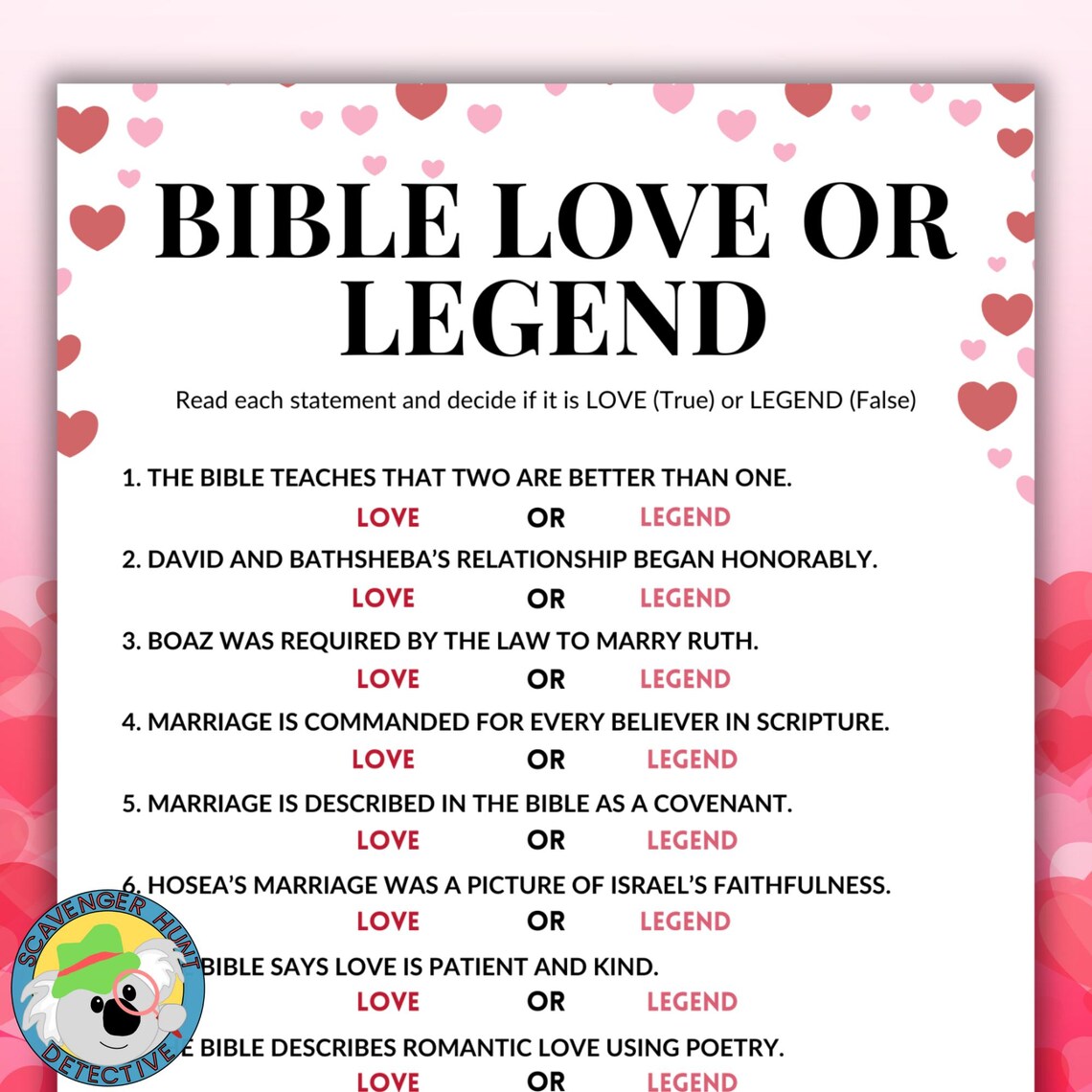 Bible Love Trivia Game, Church Christian Valentine's Party Love or ...