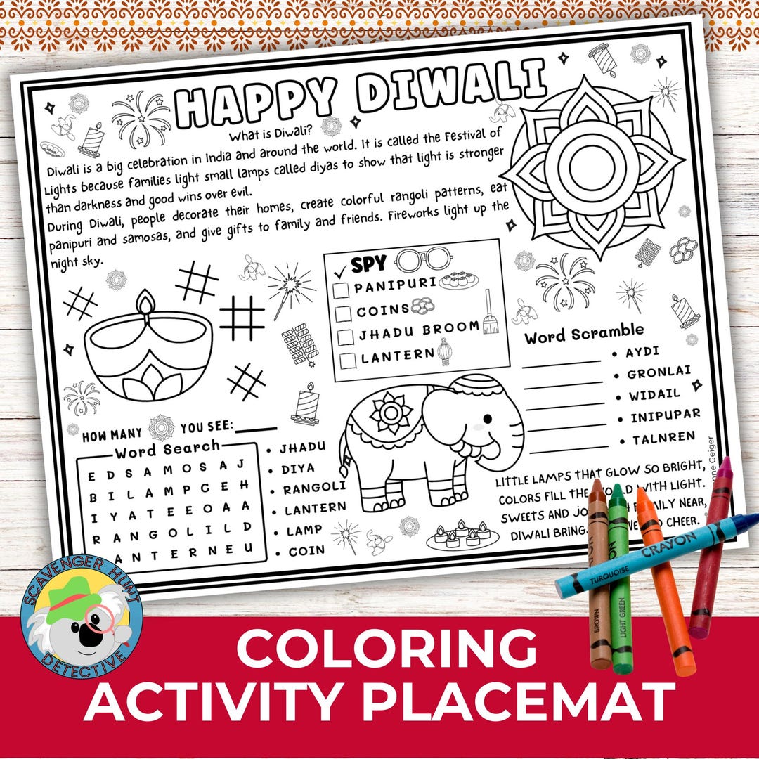 Diwali Activity Coloring Placemat Printable Diwali Party Game Activity ...