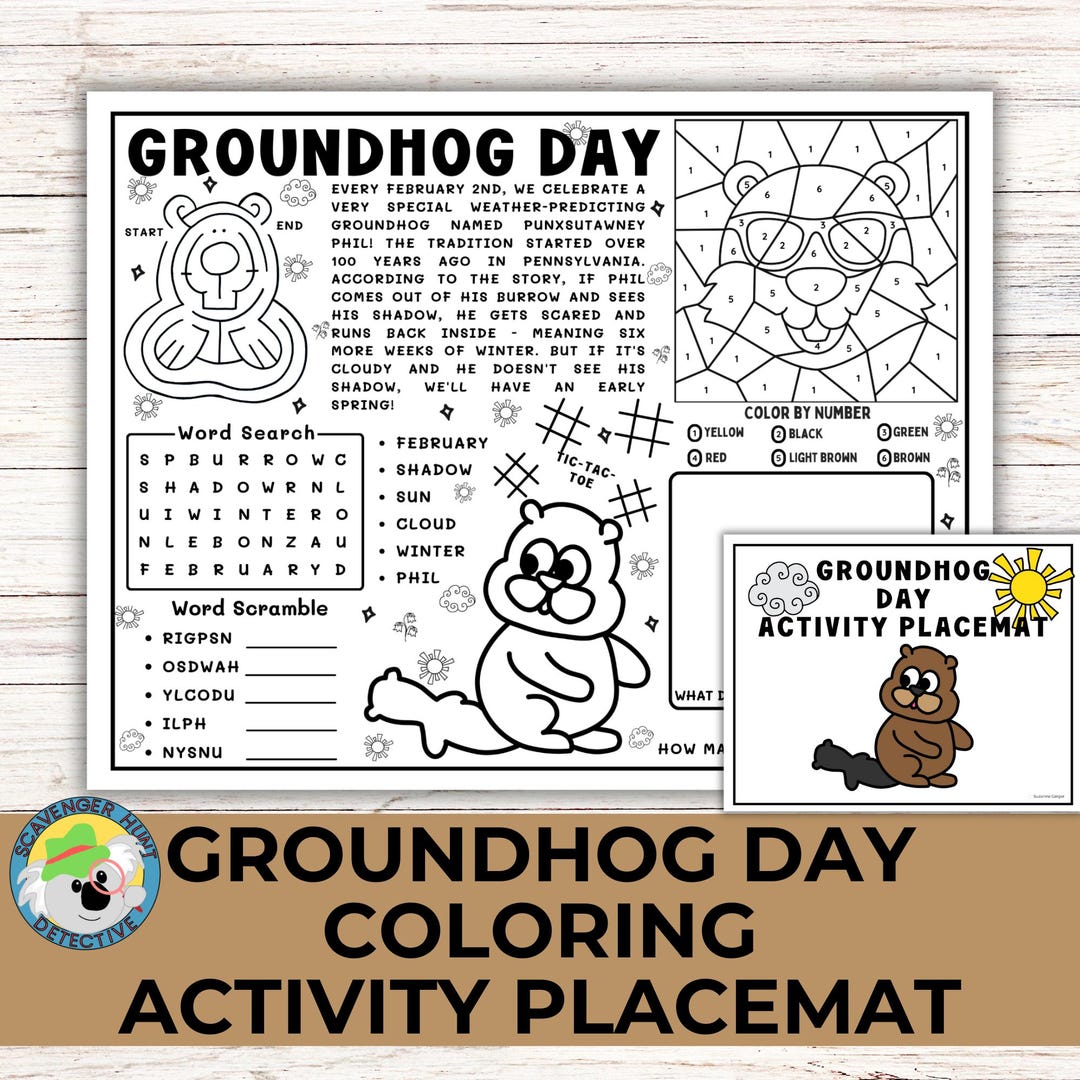 Groundhog Day Activity Coloring Placemat Printable Groundhog Party Game ...