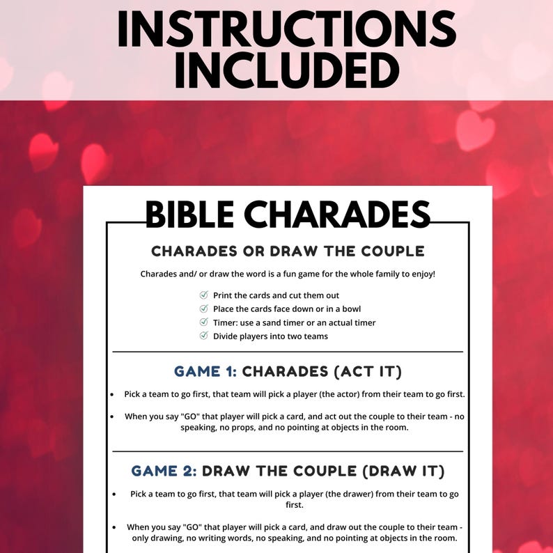Bible Couples Charades Game, Printable Valentine's Party Game Church ...