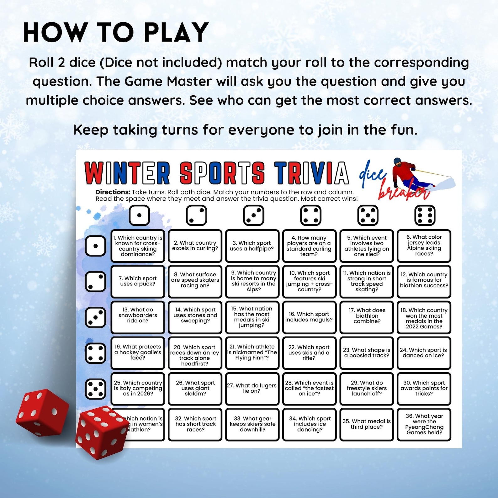 Winter Sports Trivia Dice Game, Printable Classroom Winter Sports Game ...