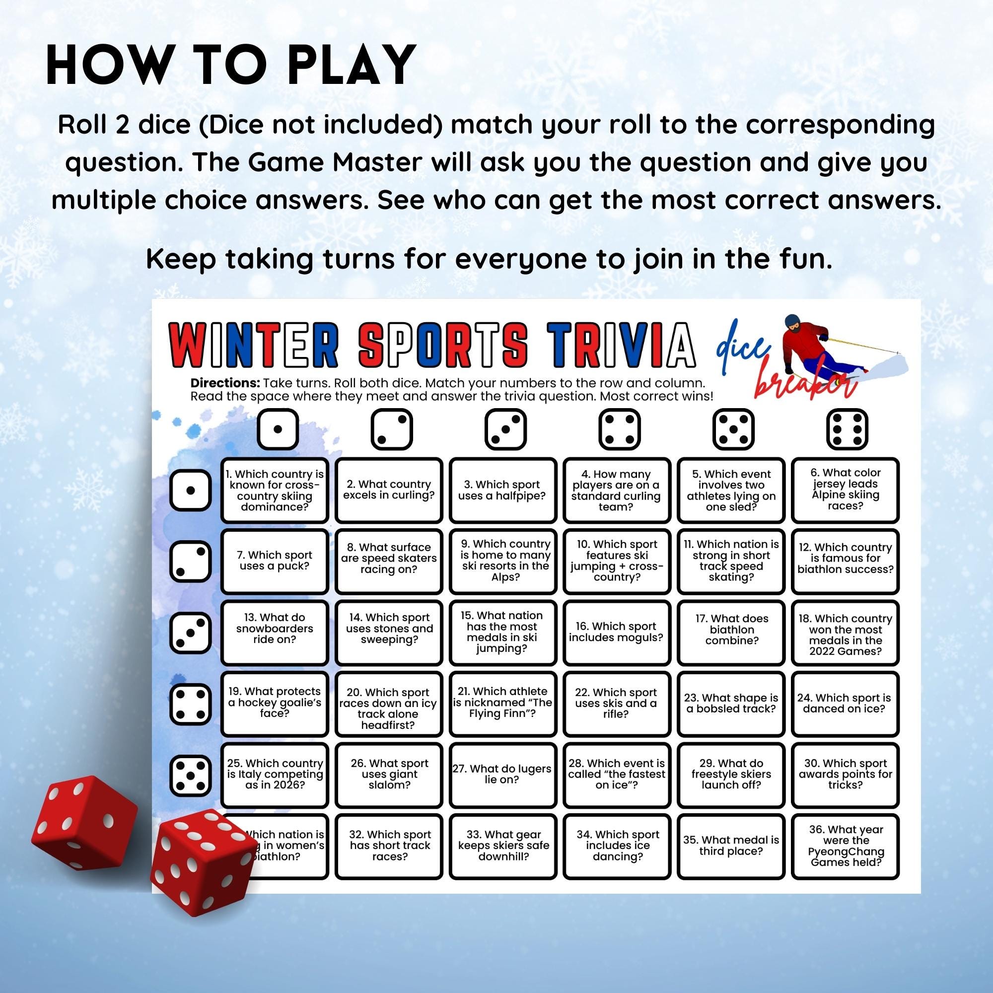 Winter Sports Trivia Dice Game, Printable Classroom Winter Sports Game ...
