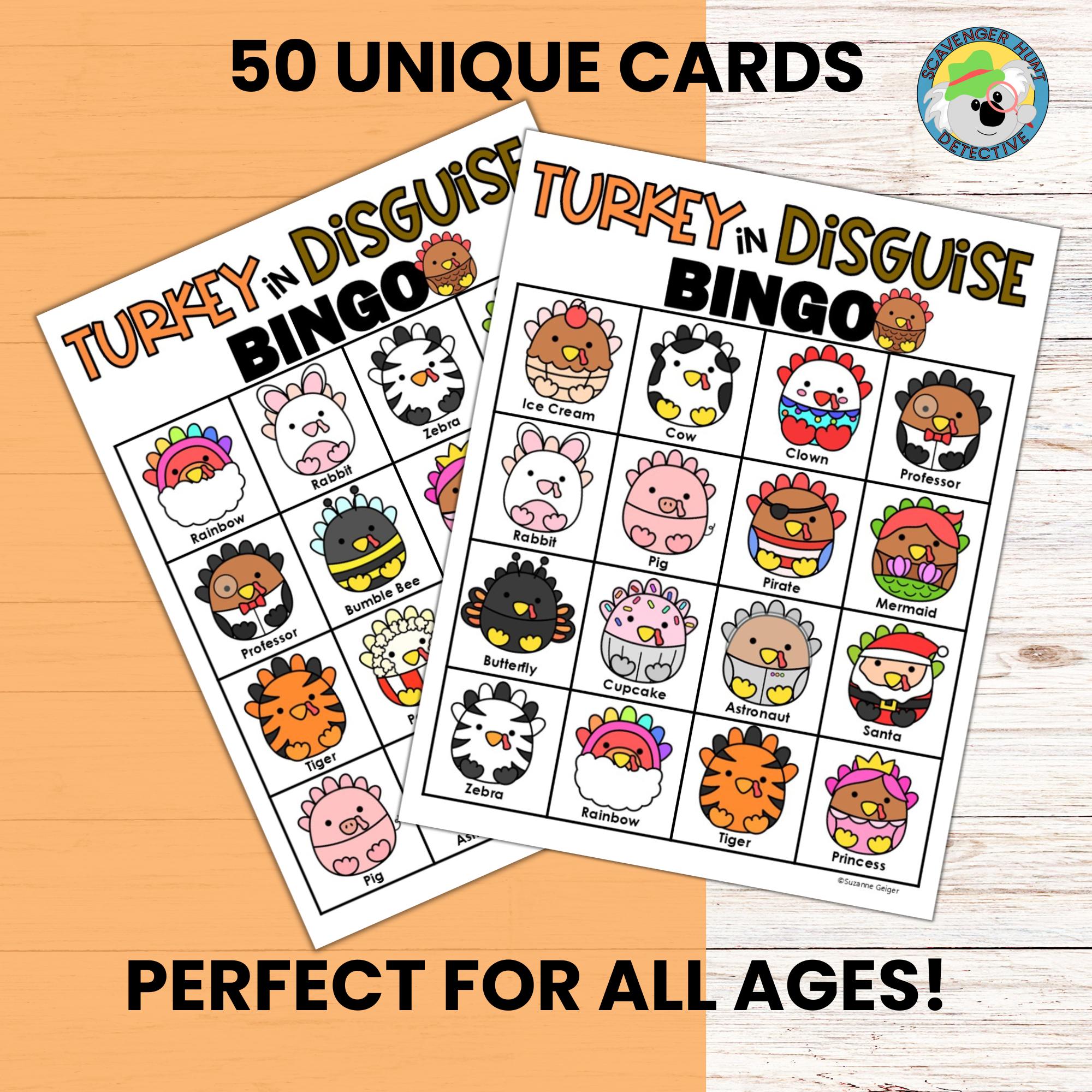 Thanksgiving Turkey in Disguise Bingo Game Printable 50 Cards ...