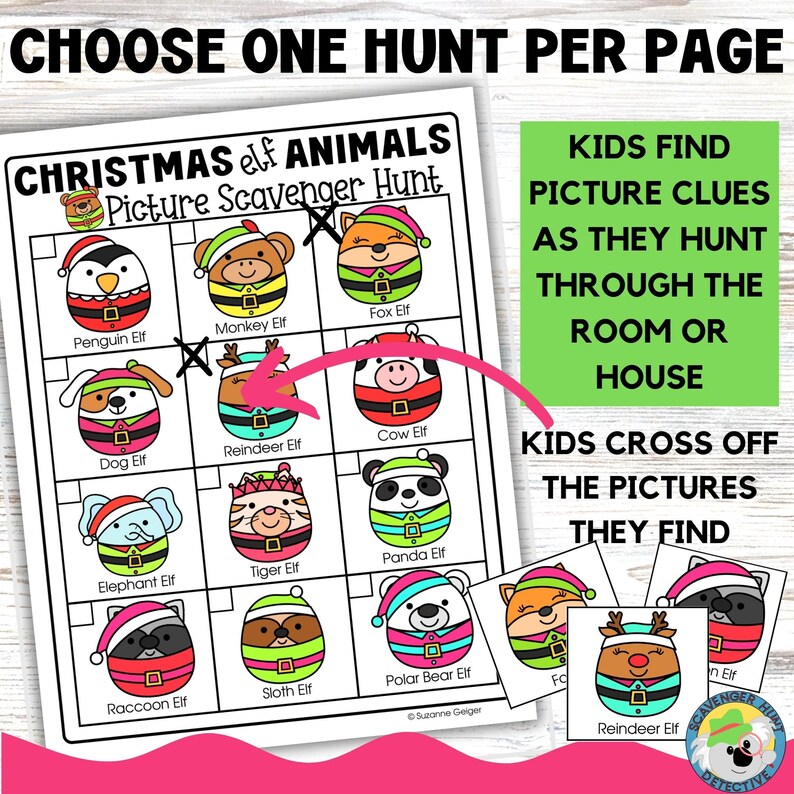 Christmas Elf Animals Scavenger Hunt for Preschoolers With Picture ...