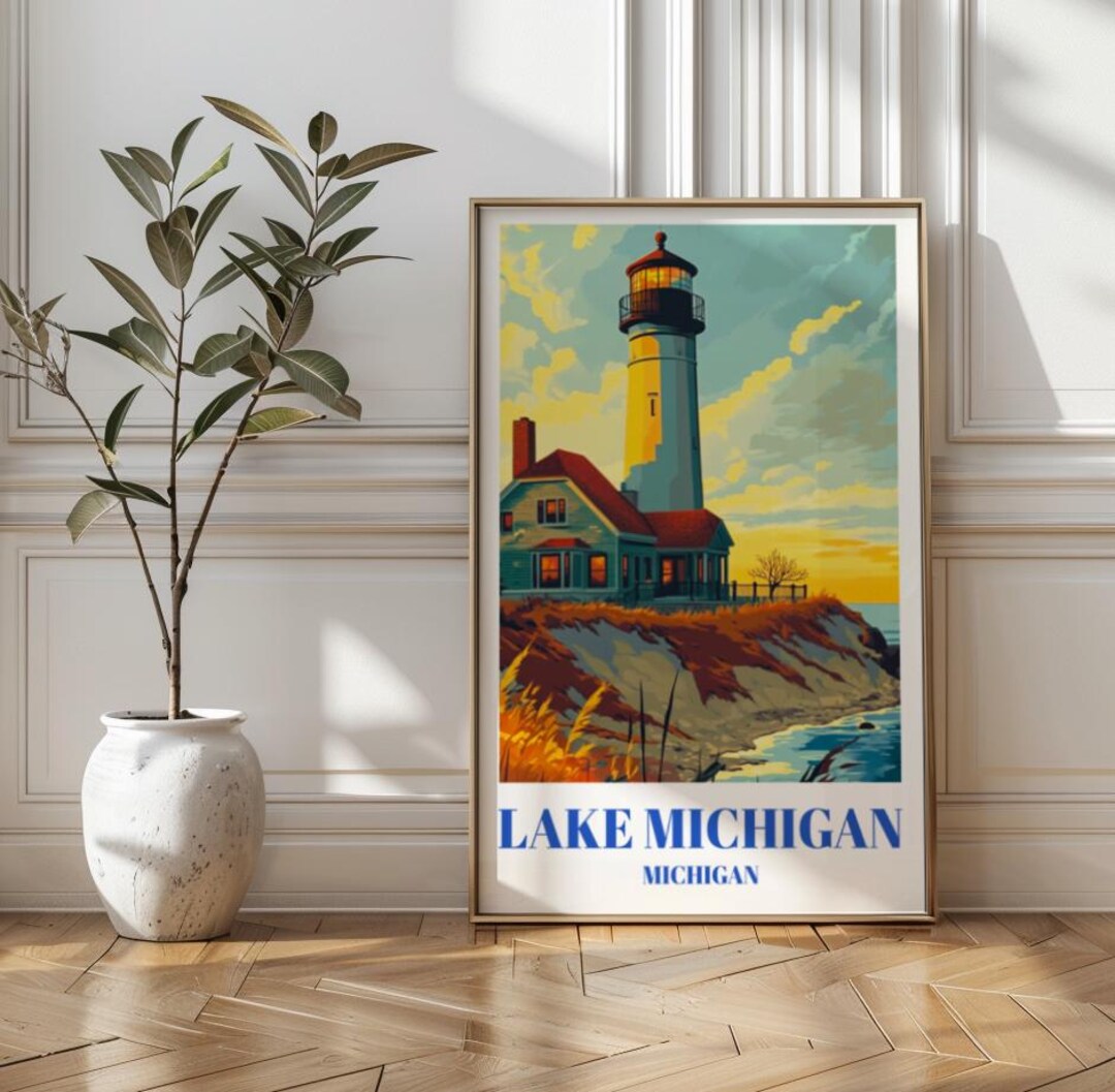 Lake Michigan Lighthouse Art Print: Nautical Coastal Decor - Etsy