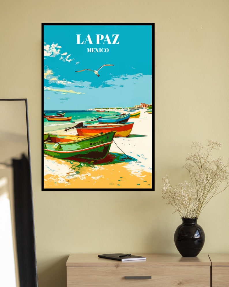 La Paz Mexico Travel Poster, Coastal Wall Art Print With Mexican Panga ...
