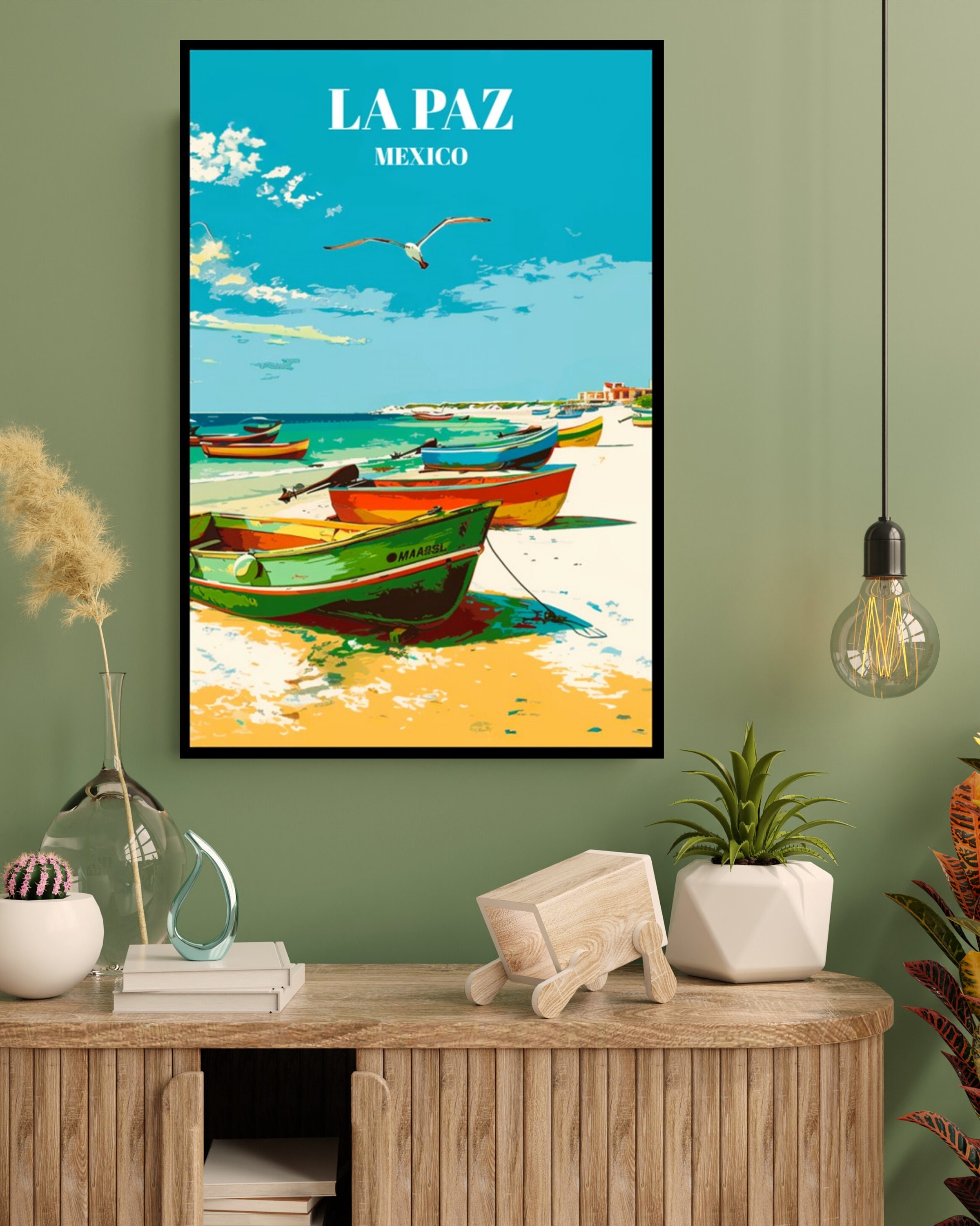 La Paz Mexico Travel Poster, Coastal Wall Art Print With Mexican Panga ...
