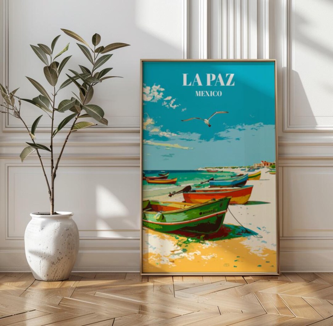 La Paz Mexico Travel Poster, Coastal Wall Art Print With Mexican Panga ...