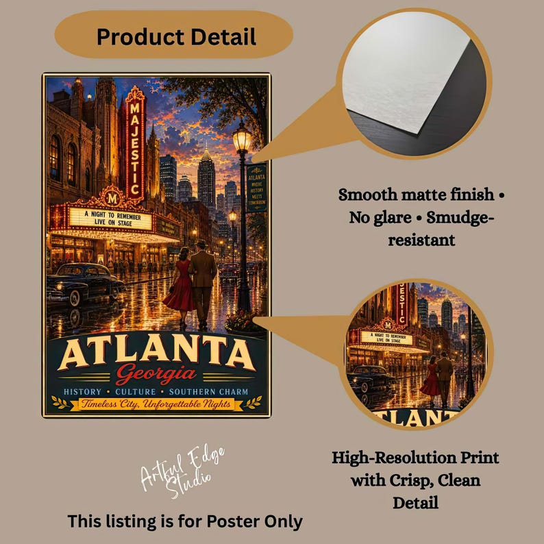 Atlanta Georgia Theater District Poster | Vintage Midtown Skyline Wall ...