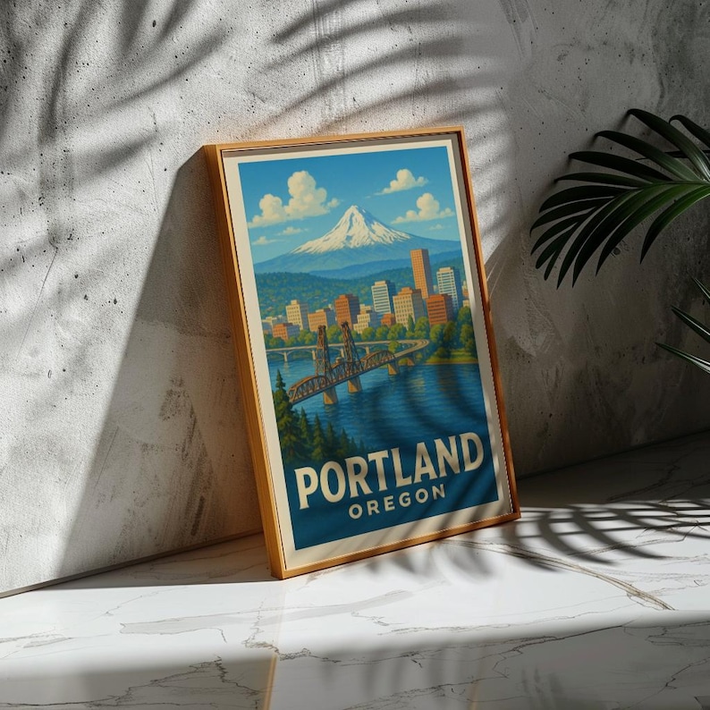 Portland Oregon Travel Poster Print, Vintage Skyline Art, Mount Hood ...