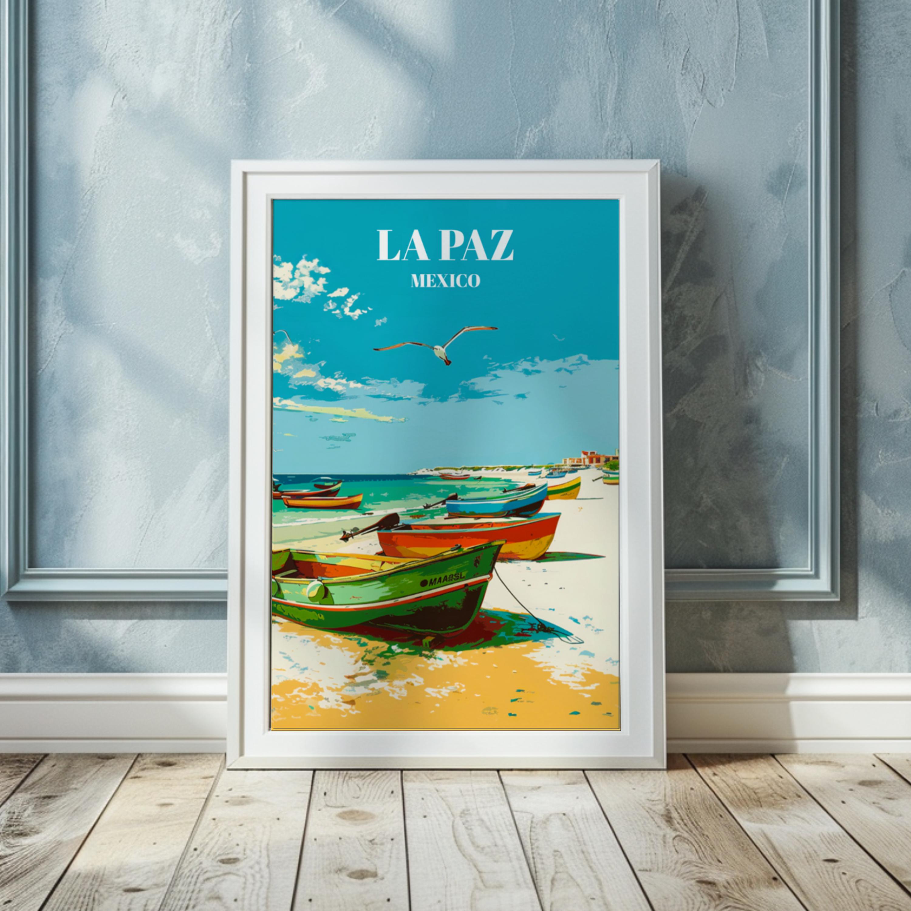 La Paz Mexico Travel Poster, Coastal Wall Art Print With Mexican Panga ...