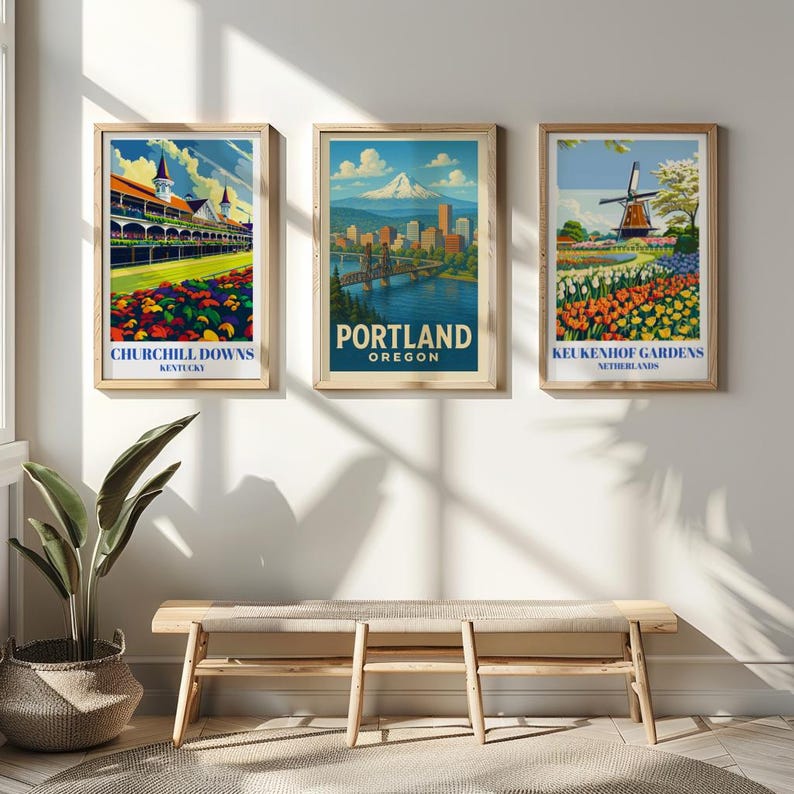 Portland Oregon Travel Poster Print, Vintage Skyline Art, Mount Hood ...