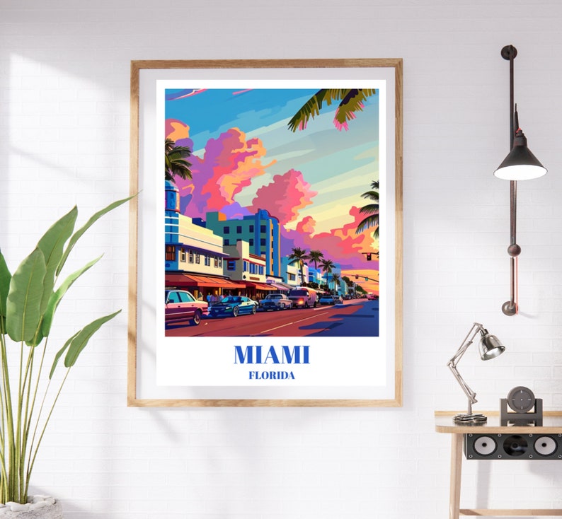 Miami, FL Ocean Drive Travel Poster, Art Deco Architecture, Beachfront ...