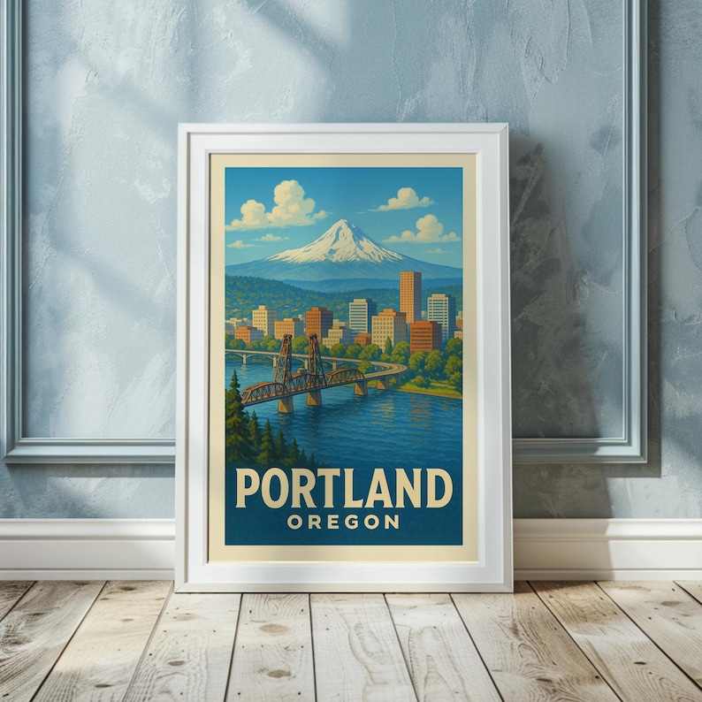 Portland Oregon Travel Poster Print, Vintage Skyline Art, Mount Hood ...