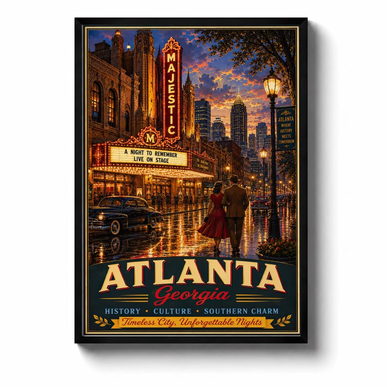 Atlanta Georgia Theater District Poster | Vintage Midtown Skyline Wall ...