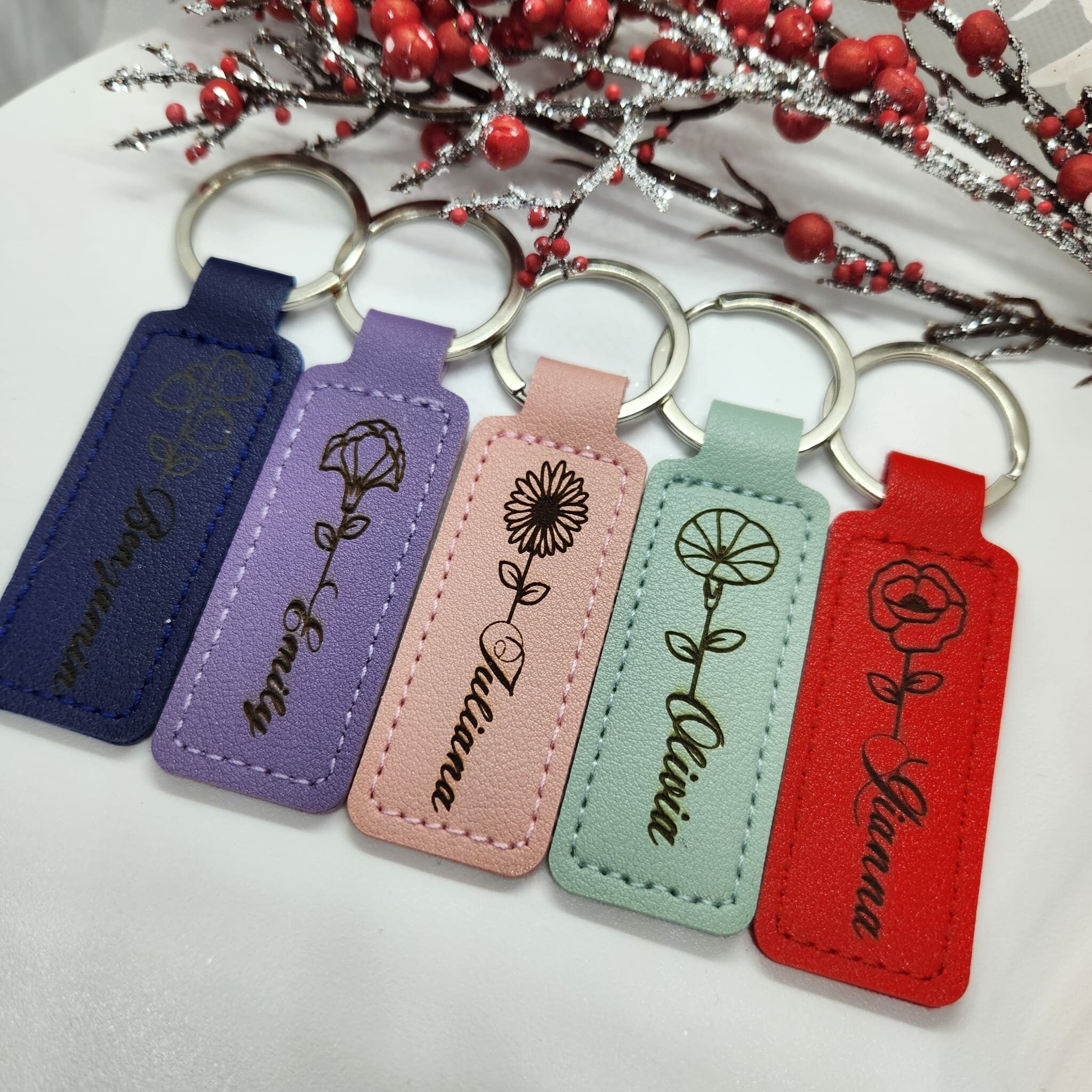 Personalized Birth Flower With Name Leather Keychain, Custom Keychain ...