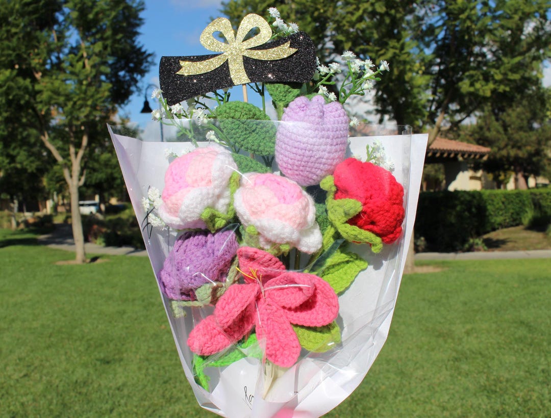 Graduation Crochet Bouquet, Five Flower Bouquet, Graduation Bouquet ...
