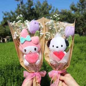 Sanrio Crochet Bouquet, Sanrio Heart Series, Crochet Flowers Bouquet, Sanrio Gift, Valentine's ...