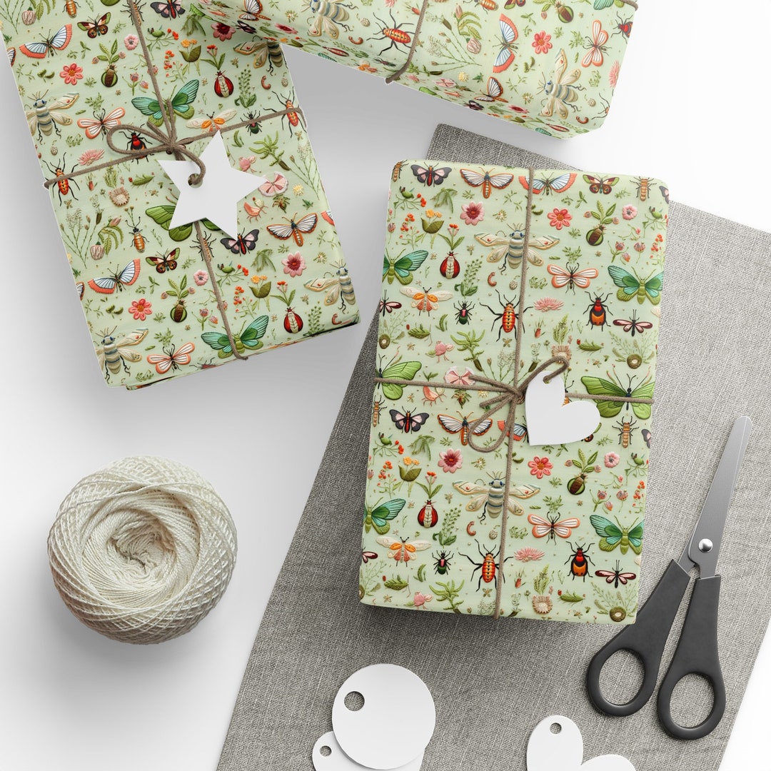 Garden Insects Wrapping Paper 3D Faux Embroidery Lovely Garden Bugs ...