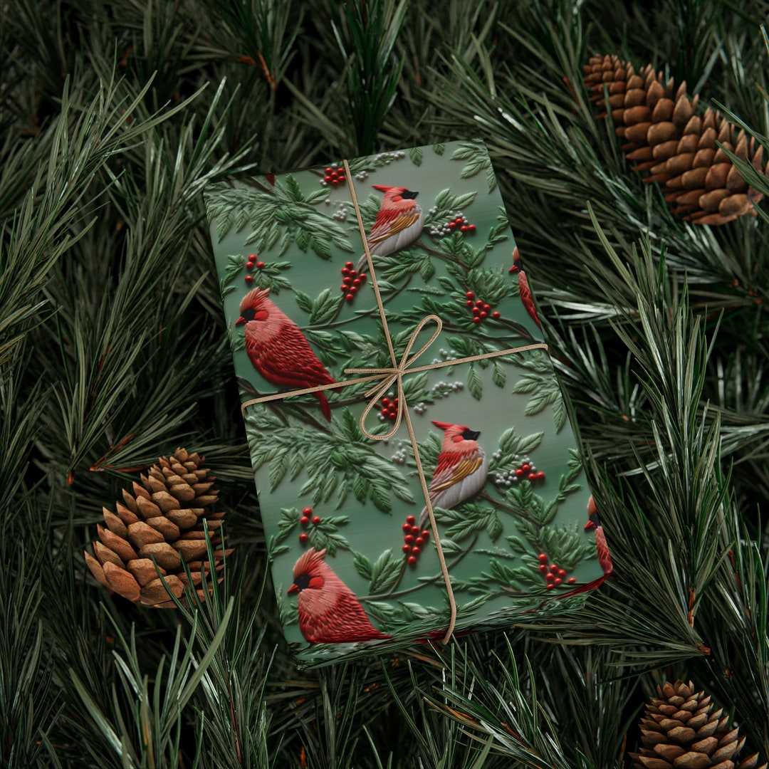 Red Cardinal Wrapping Paper Vintage Holiday Gift Wrap Faux Embroidered ...