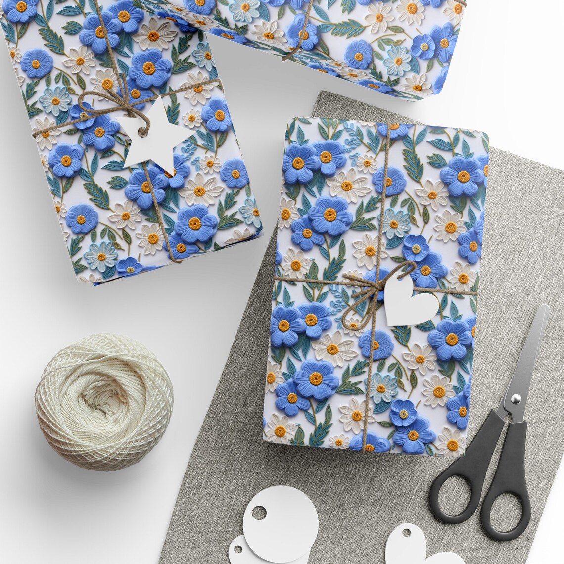 Elegant Floral Wrapping Paper 3D Faux Embroidery Beautiful Blue Pastel ...
