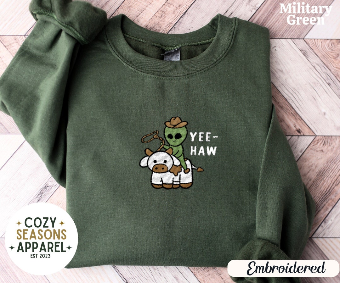 Embroidered Alien Riding Horse Sweatshirt, UFO Embroidered Crewneck ...