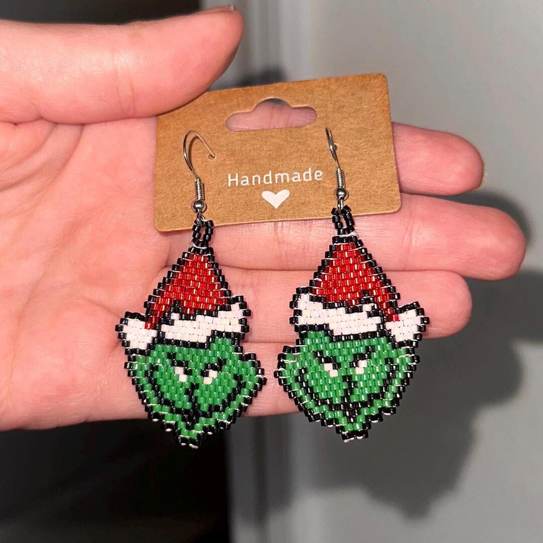 Handmade Grinch Earrings, Brick Stitch, Beaded Earrings, Gift ...