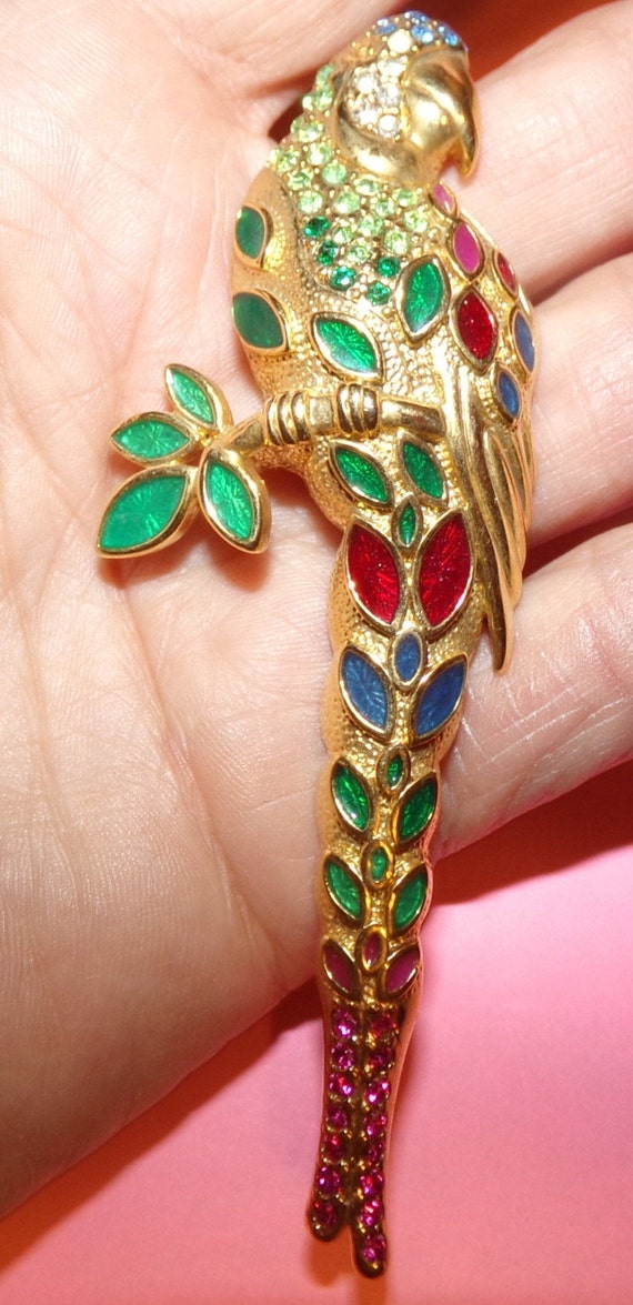Rare parrot shaped pin with multi colored stones sign… - Gem