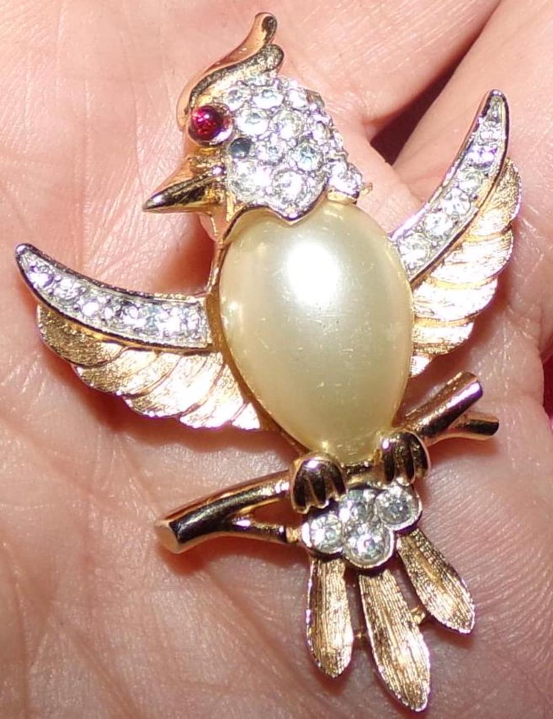 Signed Crown Trifari Red Eyed Bird Shaped Pin With Faux and Rhinestones ...