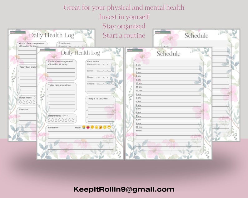 Health Log Daily Tracker Water Food Schedule Organized Gratitude Mood ...
